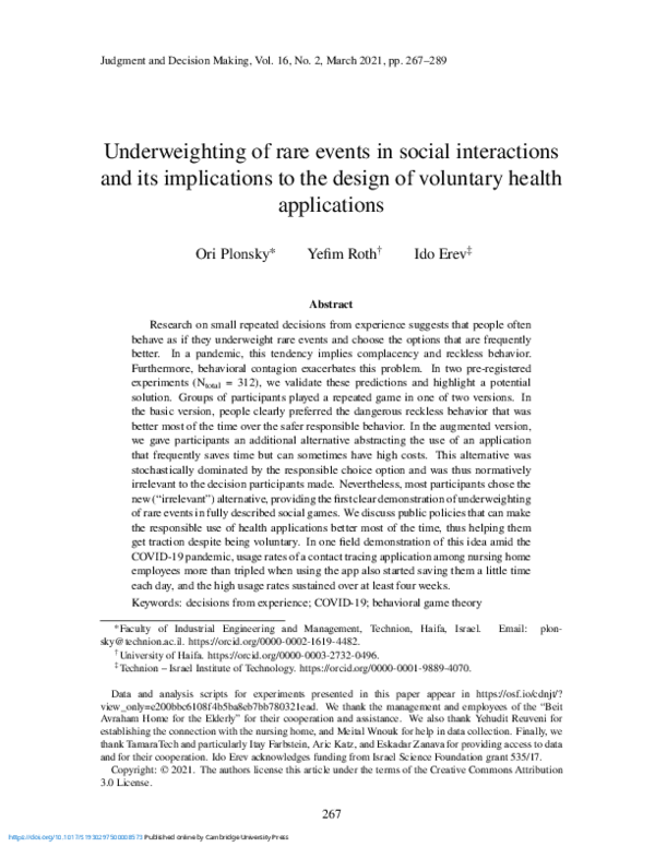 (PDF) Underweighting of rare events in social interactions and its ...