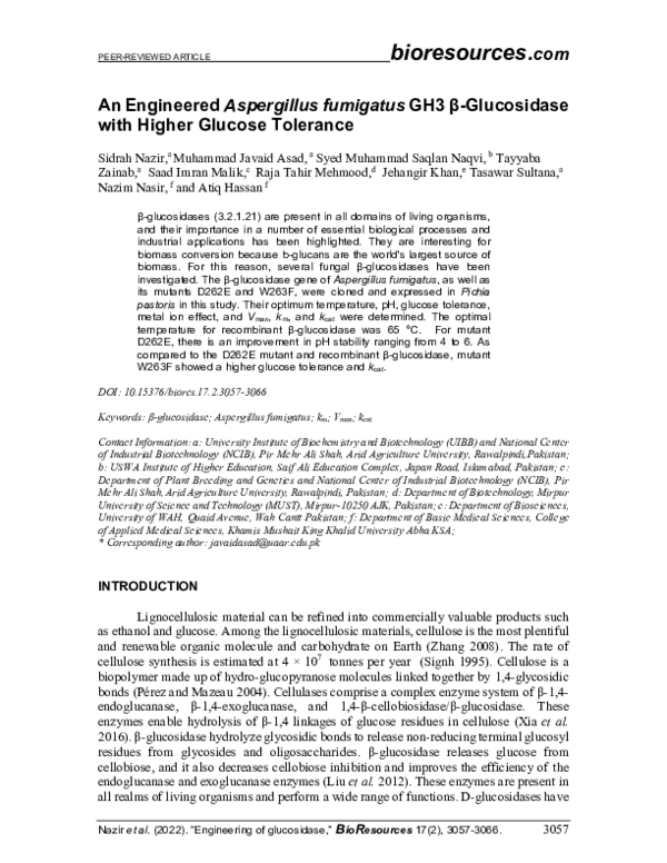 (PDF) An engineered Aspergillus fumigatus GH3 β-glucosidase with higher glucose tolerance | Atiq ...