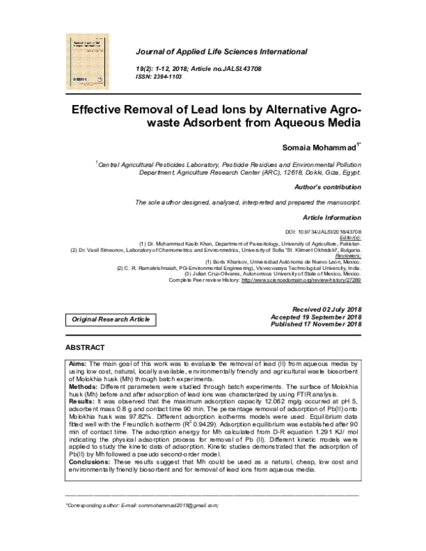 (PDF) Effective Removal of Lead Ions by Alternative Agro- waste Adsorbent from Aqueous Media