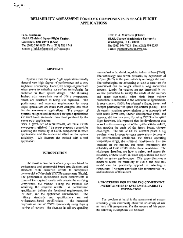 Reliability Assessment for COTS Components in Space Flight Applications