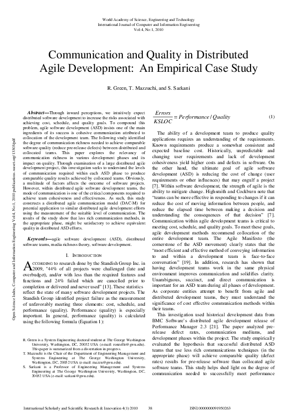 (PDF) Communication and Quality in Distributed Agile Development: An Empirical Case Study