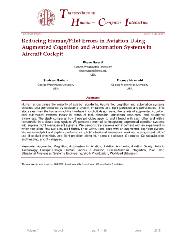 (PDF) Reducing Human/Pilot Errors in Aviation Using Augmented Cognition and Automation Systems ...
