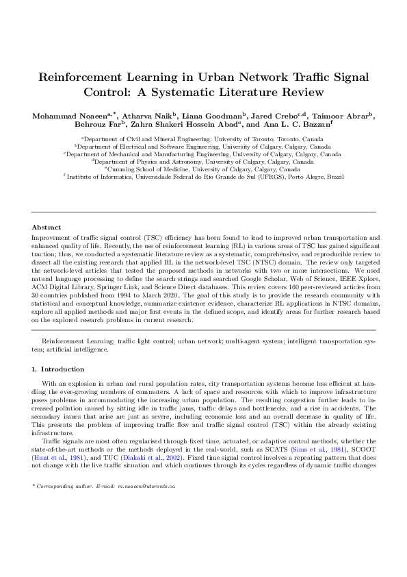 (PDF) Reinforcement Learning in Urban Network Traffic Signal Control: A Systematic Literature Review