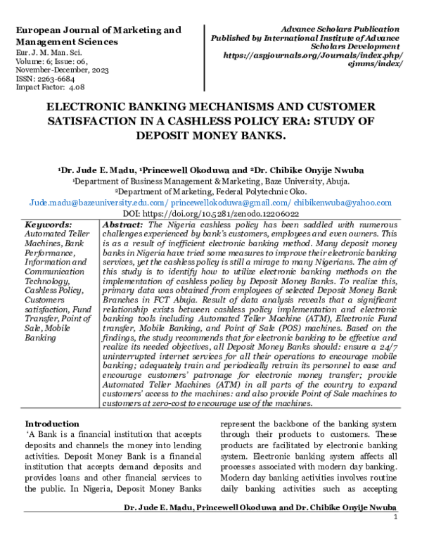 (PDF) ELECTRONIC BANKING MECHANISMS AND CUSTOMER SATISFACTION IN A CASHLESS POLICY ERA: STUDY OF ...