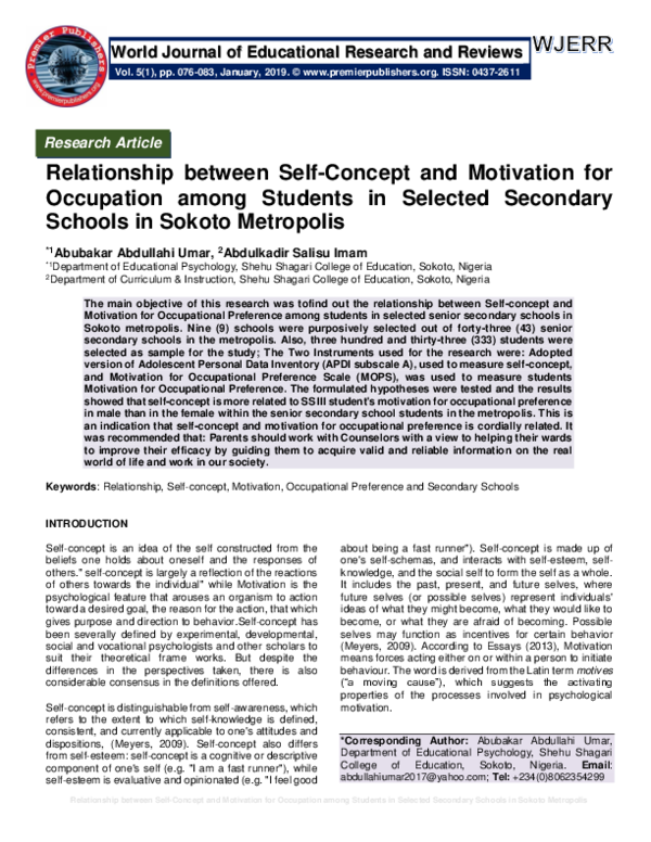 (PDF) Relationship between Self-Concept and Motivation for Occupation among Students in Selected ...