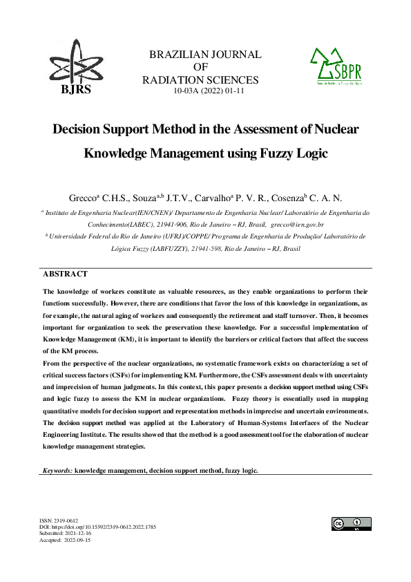 (PDF) Decision Support Method in the Assessment of Nuclear Knowledge Management using Fuzzy Logic
