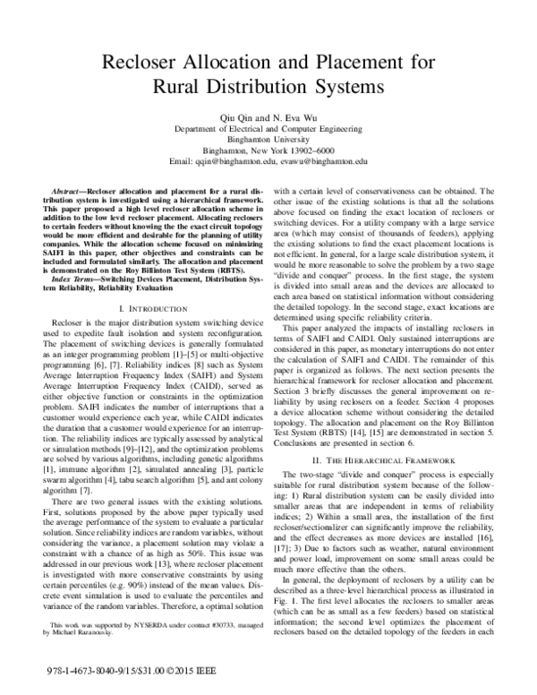 (PDF) Recloser allocation and placement for rural distribution systems