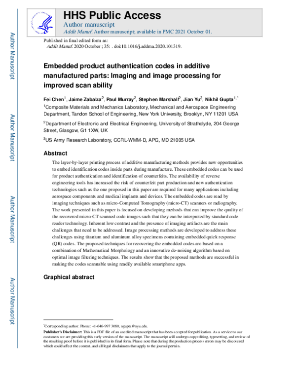 (PDF) Embedded product authentication codes in additive manufactured parts: Imaging and image ...