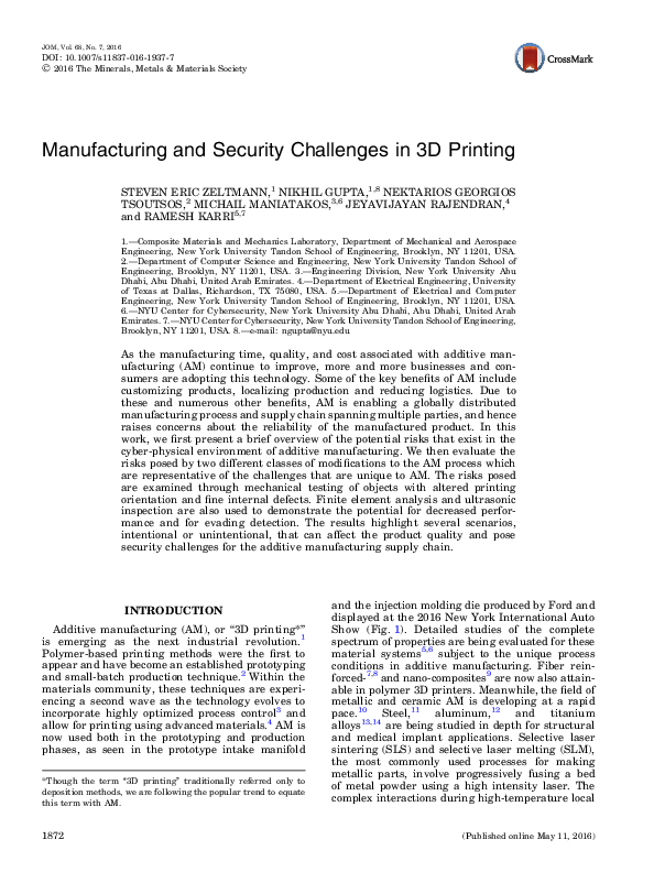 (PDF) Manufacturing and Security Challenges in 3D Printing
