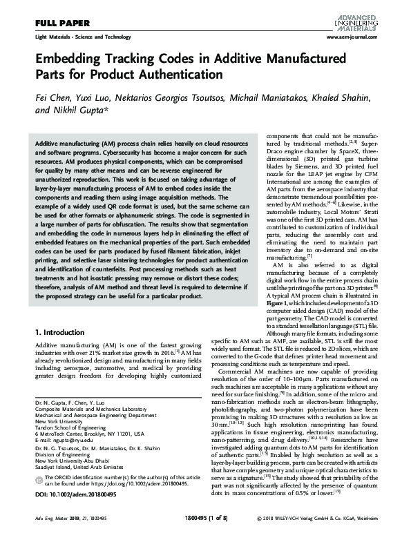 (PDF) Embedding Tracking Codes in Additive Manufactured Parts for ...