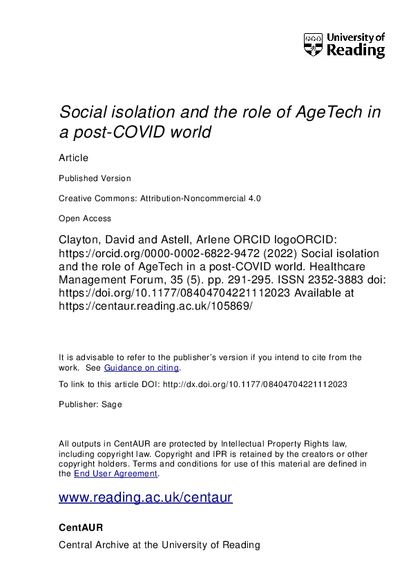 (PDF) Social isolation and the role of AgeTech in a post-COVID world
