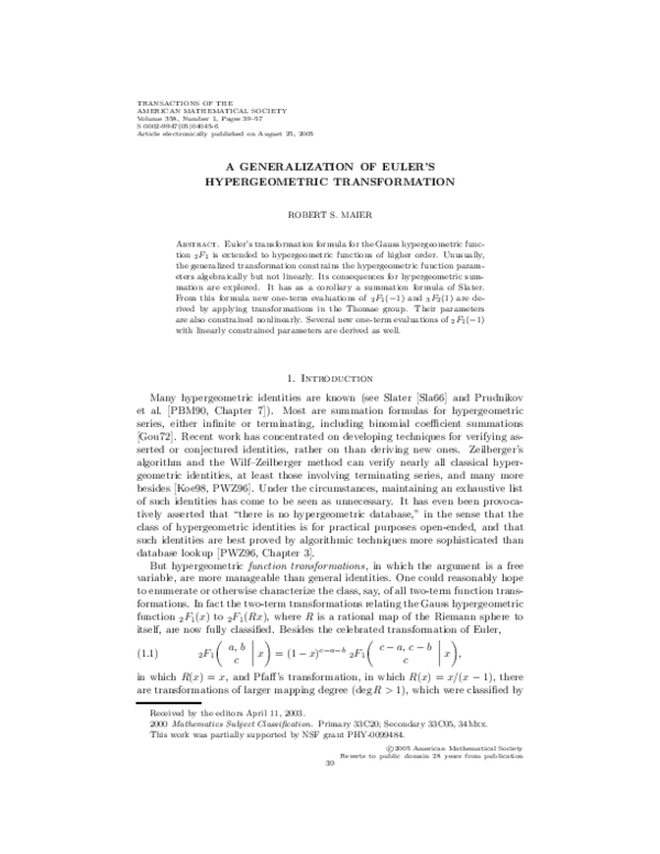 (PDF) A generalization of Euler’s hypergeometric transformation