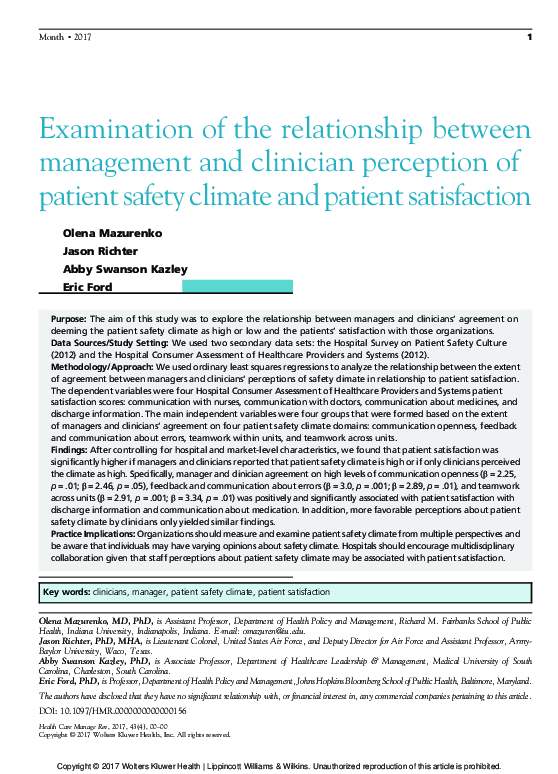 (PDF) Examination of the relationship between management and clinician ...