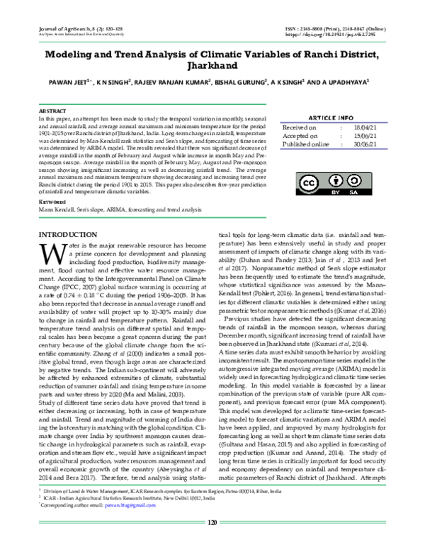 (PDF) Modeling and Trend Analysis of Climatic Variables of Ranchi ...