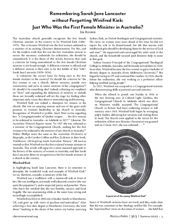 (PDF) Remembering Sarah Jane Lancaster without Forgetting Winifred Kiek: Just Who Was the First ...