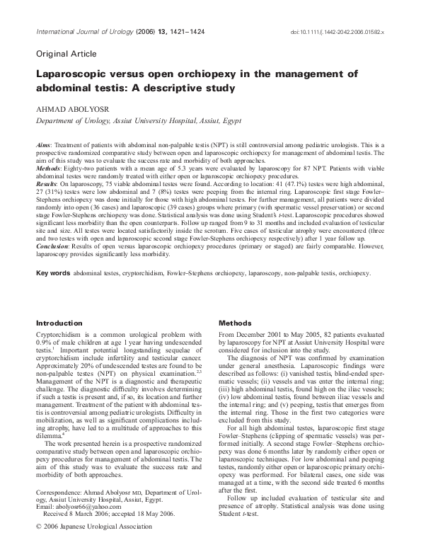 (PDF) Laparoscopic versus open orchiopexy in the management of ...