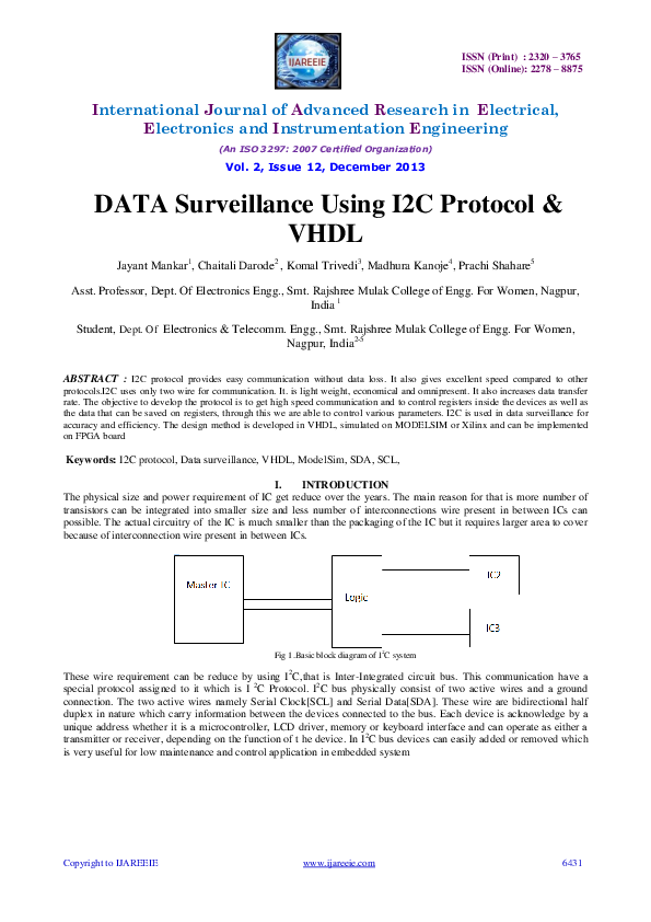 (PDF) DATA Surveillance Using I2C Protocol &VHDL