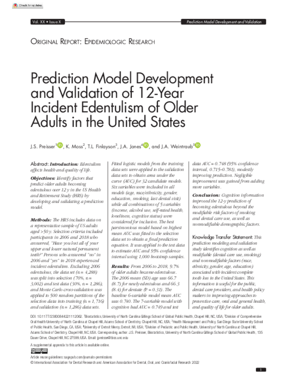 (PDF) Prediction Model Development and Validation of 12-Year Incident Edentulism of Older Adults ...