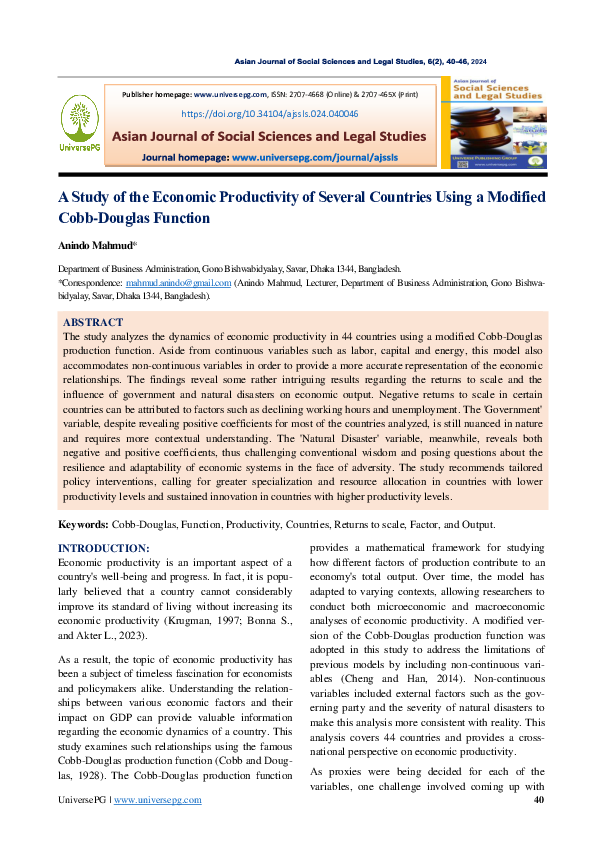 (PDF) A Study of the Economic Productivity of Several Countries Using a ...