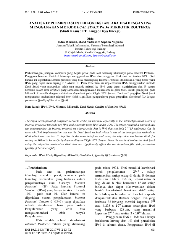 (PDF) ANALISA IMPLEMENTASI INTERKONEKSI ANTARA IPv4 DENGAN IPv6 MENGGUNAKAN METODE DUAL STACK ...