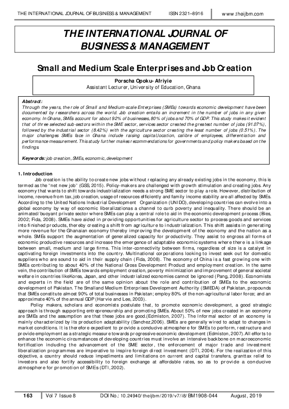 (PDF) Small and Medium Scale Enterprises and Job Creation