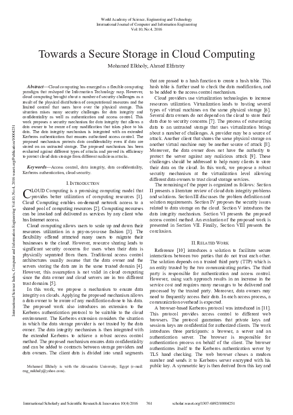 (PDF) Towards A Secure Storage In Cloud Computing