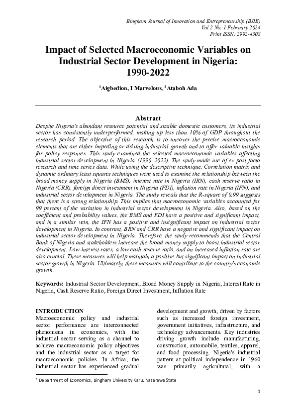 (PDF) Impact of Selected Macroeconomic Variables on Industrial Sector Development in Nigeria ...