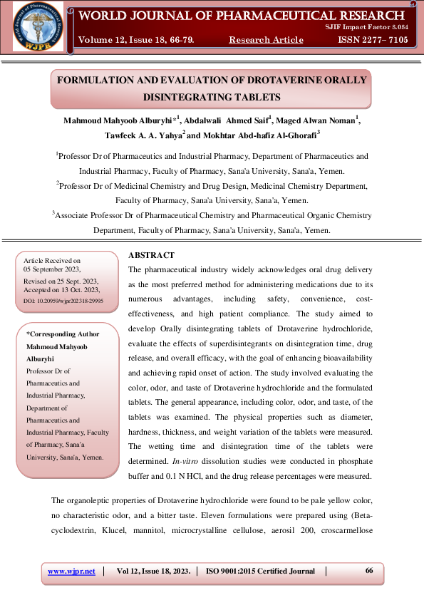 Pdf Formulation And Evaluation Of Drotaverine Orally Disintegrating Tablets