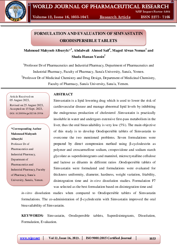 Pdf Formulation And Evaluation Of Simvastatin Orodispersible Tablets