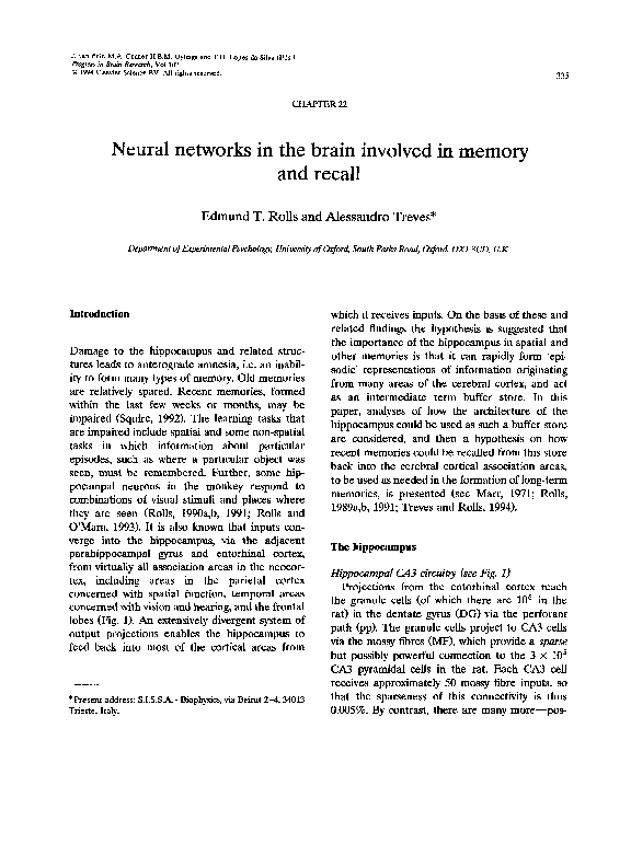 (PDF) Neural networks in the brain involved in memory and recall