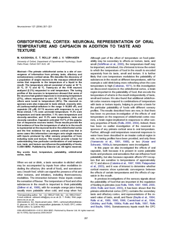 (PDF) Orbitofrontal cortex: neuronal representation of oral temperature ...