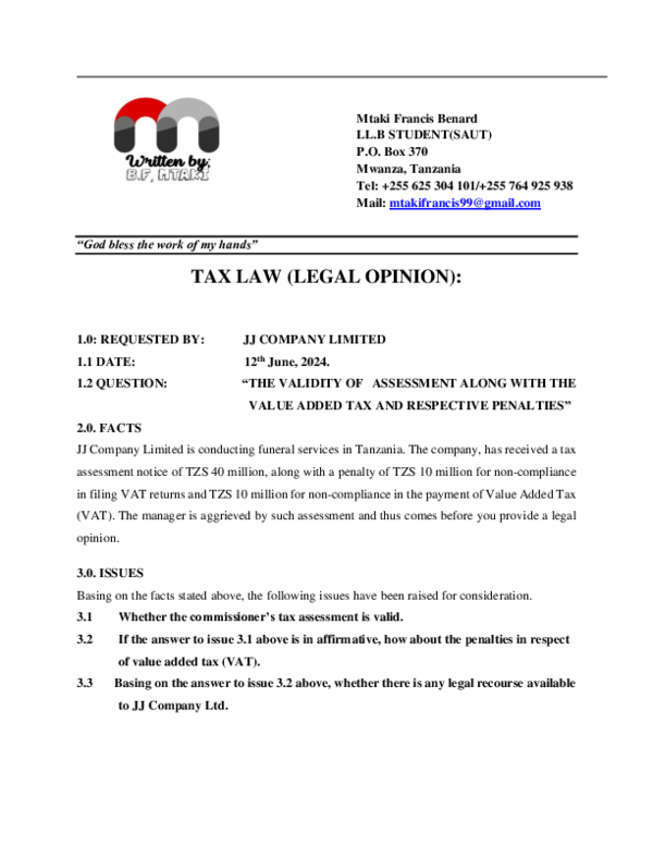 (PDF) LEGAL OPINION ON TAX ASSESSMENT IN TANZANIA