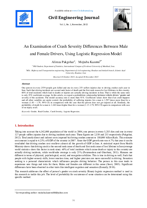 (PDF) An Examination of Crash Severity Differences Between Male and Female Drivers , Using ...