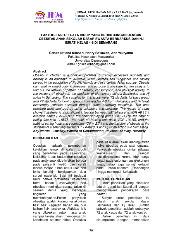 (PDF) Faktor-Faktor Gaya Hidup Yang Berhubungan Dengan Obesitas Anak ...