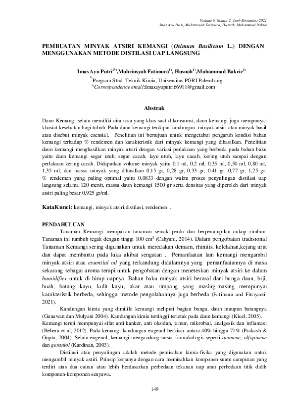 (PDF) Pembuatan Minyak Atsiri Kemangi (Ocimum Basilicum L.) Dengan ...
