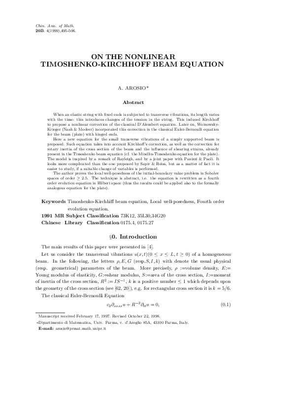 (PDF) On the Nonlinear Timoshenko-Kirchhoff Beam Equation