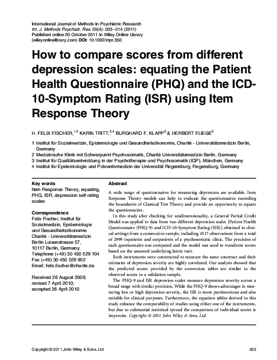 (PDF) How to compare scores from different depression scales: equating ...