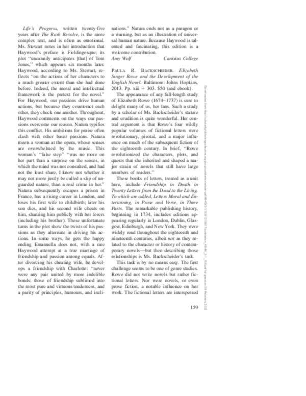 (PDF) Elizabeth Singer Rowe and the Development of the English Novel