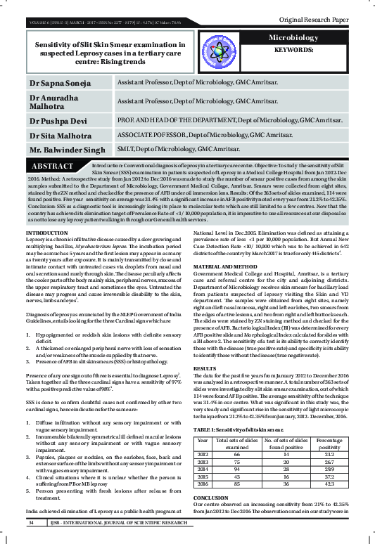(PDF) Sensitivity of Slit Skin Smear examination in suspected Leprosy ...