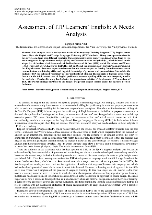(PDF) Assessment of ITP Learners' English: A Needs Analysis