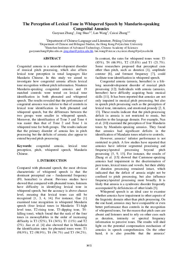 (PDF) The Perception of Lexical Tone in Whispered Speech by Mandarin-speaking Congenital Amusics