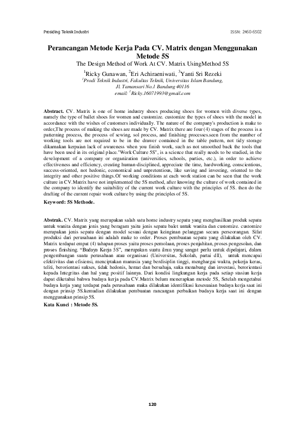 (PDF) Perancangan Metode Kerja pada CV. Matrix dengan Menggunakan Metode 5S
