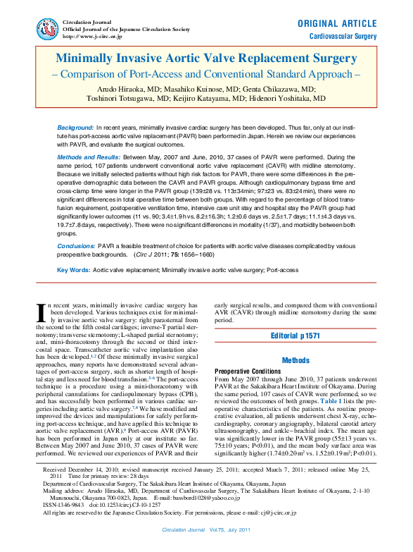 (PDF) Minimally Invasive Aortic Valve Replacement Surgery - Comparison of Port-Access and ...
