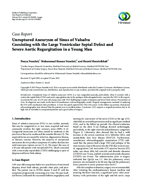 (PDF) Unruptured Aneurysm of Sinus of Valsalva Coexisting with the ...