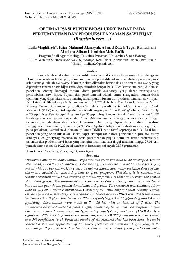 (PDF) OPTIMALISASI PUPUK BIO-SLURRY PADAT PADA PERTUMBUHAN DAN PRODUKSI ...