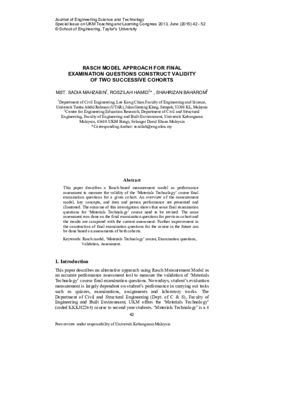 (PDF) Rasch model approach for final examination questions construct validity of two successive ...