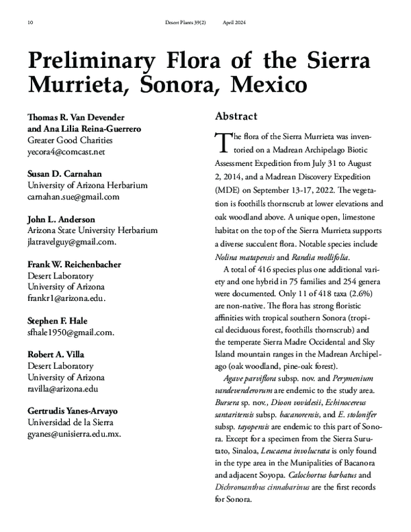 (PDF) Preliminary Flora of the Sierra Murrieta, Sonora, Mexico Desert ...