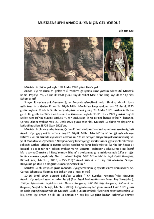(PDF) MUSTAFA SUPHİ ANADOLU'YA NİÇİN GELİYORDU