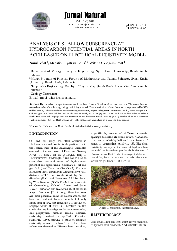 Pdf Analysis Of Shallow Subsurface At Hydrocarbon Potential Areas In North Aceh Based On
