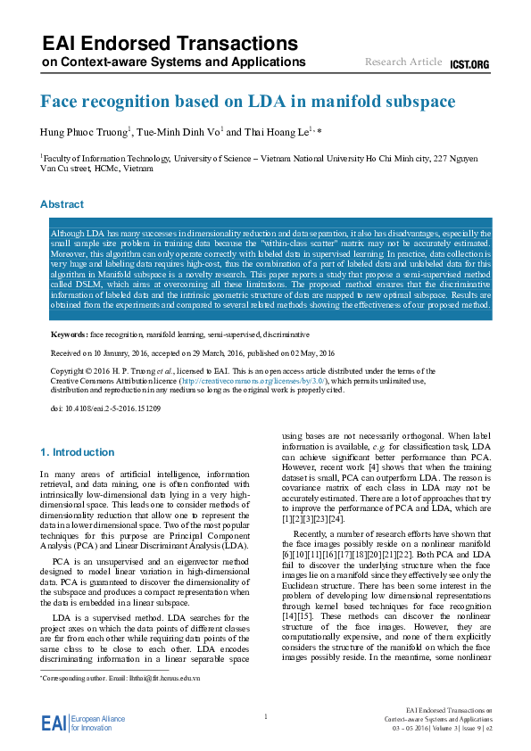 (PDF) Face recognition based on LDA in manifold subspace
